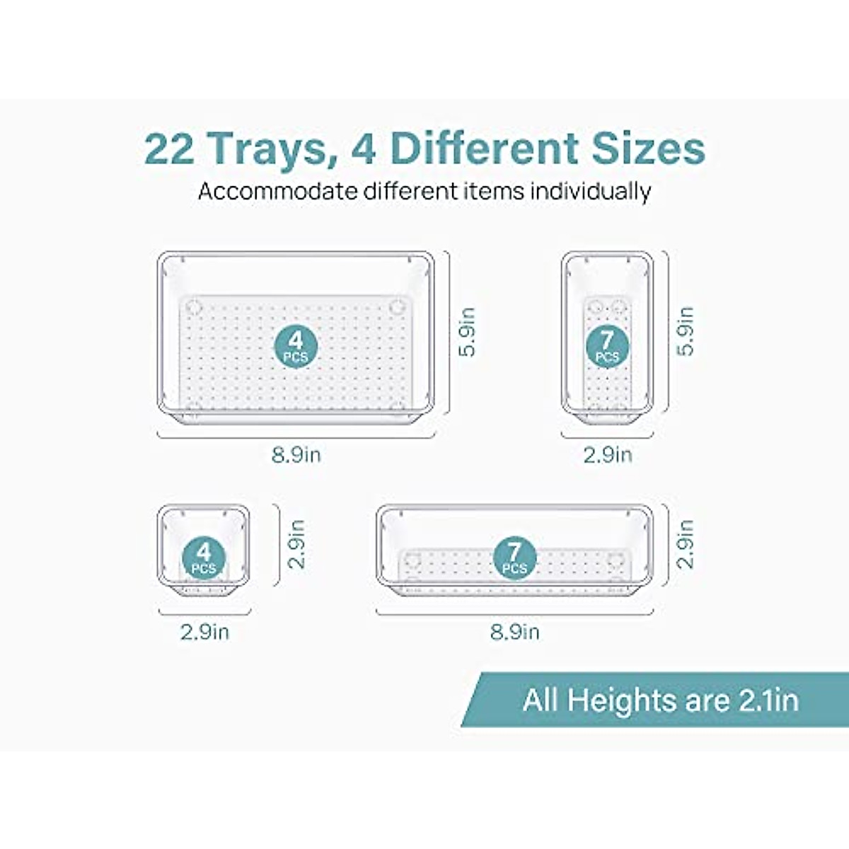 Kootek 22 Pcs Clear Plastic Drawer Organizer Set, 4-Size Bathroom Drawer Organizers Non-Slip Desk Dividers Trays, Versatile Storage Bins for Makeup, Jewelry, Vanity, Bedroom, Kitchen, Office