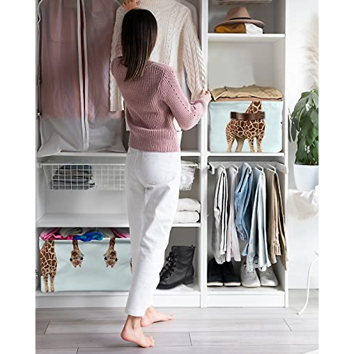 Storage Bins, Funny Cute Giraffe Storage Baskets for Organizing Closet Shelves Clothes Decorative Fabric Baskets Large Storage Cubes with Handles