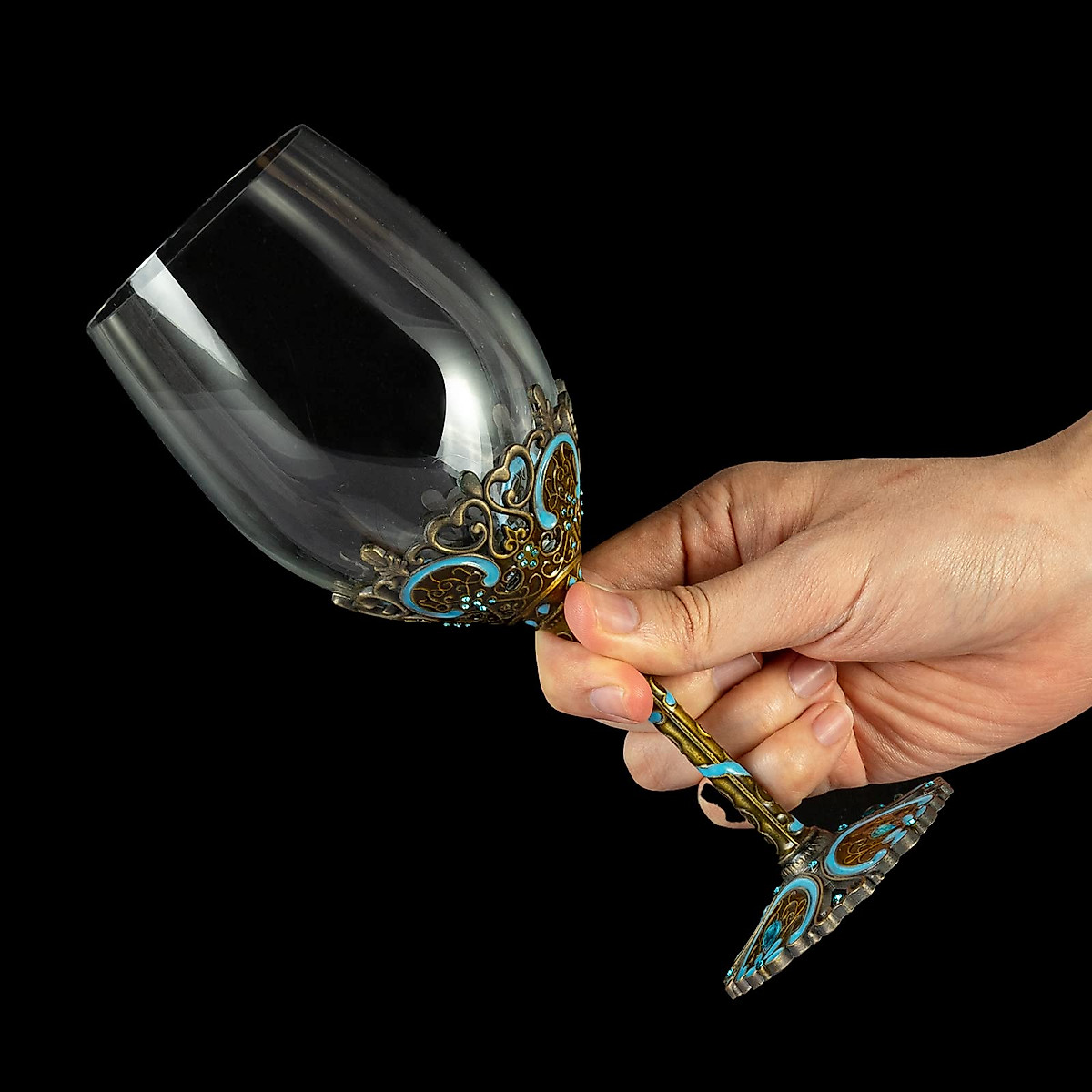 Wine Glasses Clear Handcrafted Champagne Glasses Red Wine Glasses Set of 2 Enamel Floral Goblets (Blue)