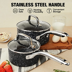 HLAFRG 1 Quart Saucepan with Lid, Ultra Nonstick Sauce Pan with Lid, Small Pot with Lid, Granite Nonstick Saucepan 1 quart, Small Sauce Pot, Black Pot 1 Qt, Aluminum Sauce Pan 1 Qt