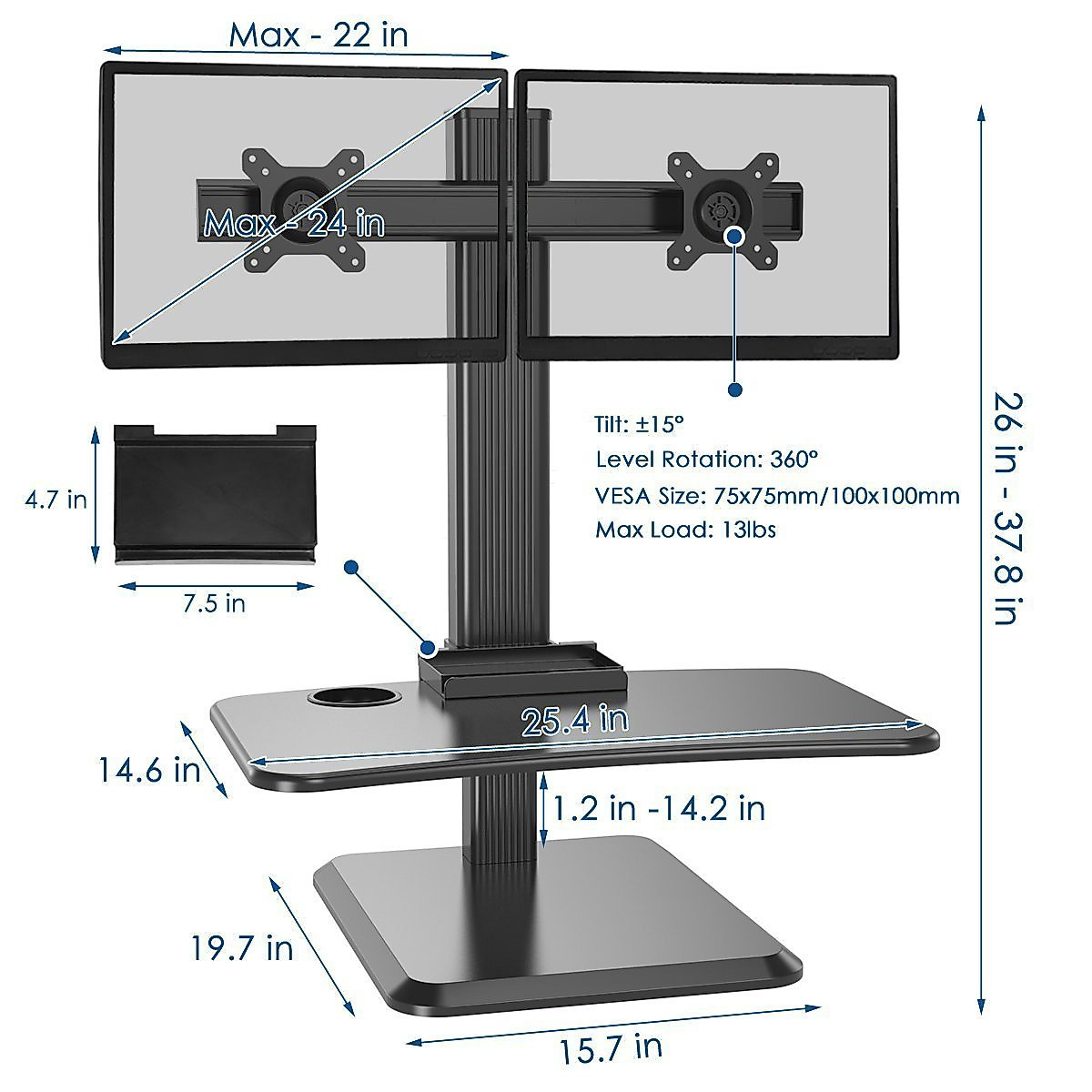 Dual Monitor Desk Converter, Adjustable Standing Desk Converter, Standing Desk Workstation with VESA Mount, Black