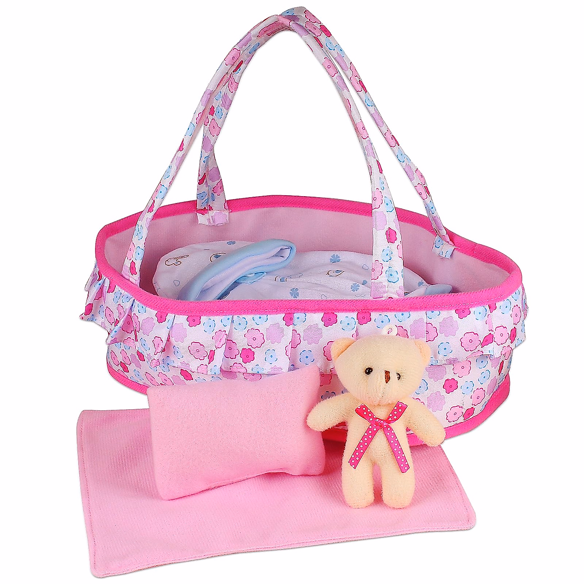 Baby Doll Cradle Bassinet Portable Doll Carrier Carry Bag Doll Bed,Baby Doll Accessories Playset,with Doll Clothes Soft Pillow Quilt Blanket Bear,for 8-9-10-11-12 Inch Smaller Alive Baby Doll