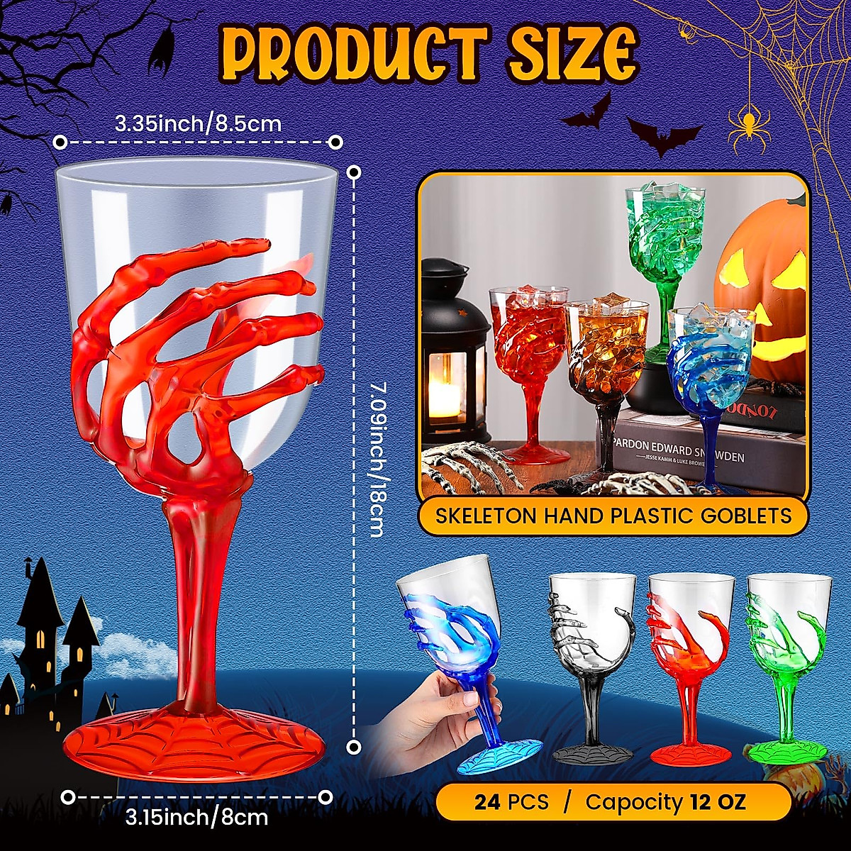Sliner 24 Pcs Halloween Skeleton Hand Plastic Goblets 12 oz Spooky Skeleton Hand Goblets Halloween Wine Glasses Champagne Glassware Creepy Clear Cups for Halloween Party Haunted House, 4 Color