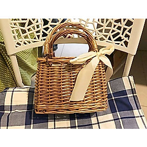 QTMY Bow Rattan Woven Bag Straw Bags Top Handle Wicker Baskets Handbags Boho Style Beach Bag Flower Basket