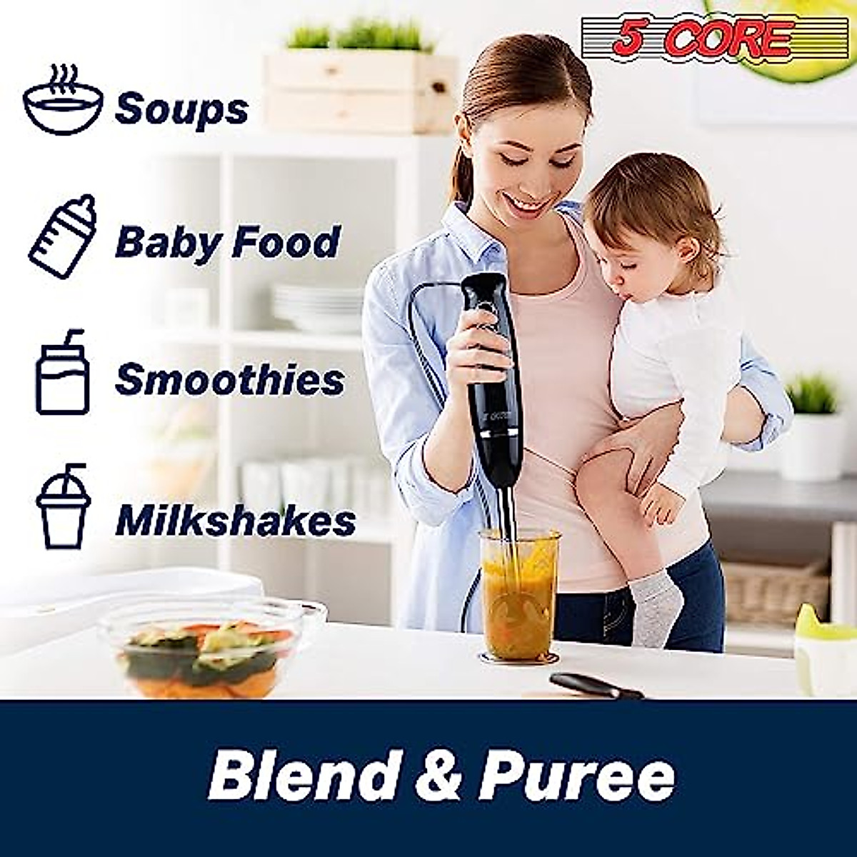5 Core Handheld Blender, Electric Hand Blender 8-Speed 500W, Immersion Hand Held Blender Stick with Food Grade Stainless Steel Blades for Perfect for Smoothies, Puree Baby Food & Soup