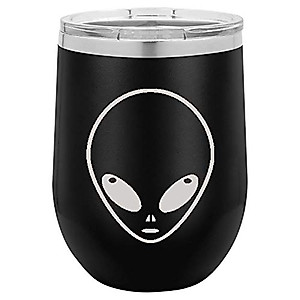 MIP Brand 12 oz Double Wall Vacuum Insulated Stainless Steel Stemless Wine Tumbler Glass Coffee Travel Mug With Lid Alien Head (Black)