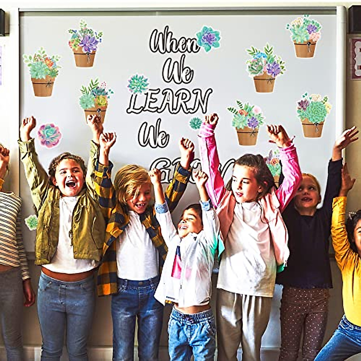 57Pcs Succulents Cutouts for Classroom Bulletin Board Potted Succulents Cut-Outs When We Learn We Grow Paper-Cuts Summer Banner Border Accents Decor for Kids School Classroom Party Wall Decorations