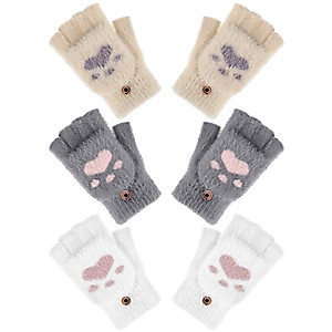 Bencailor 3 Pairs Winter Fingerless Gloves Warm Convertible Mittens Flap Cover Cat Paw Gloves for Women Cold Weather Cosplay (Dark Gray, White, Light Khaki)