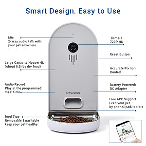 DOGNESS Automatic WiFi Dog/Cat Smart Camera Feeder - 6.5Lbs Large Capacity App Control Food Dispenser with WiFi, Portion Control, Voice Recording, Camera, Timer Programmable (6.5L, Grey)