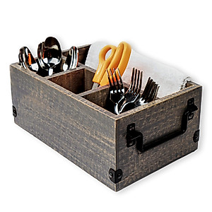 GoCraft 4 Compartment Flatware Caddy, Cutlery Utensil Holder, Silverware Condiment Organizer with Napkin Holder for Kitchen, Dining, Picnics, Grey Washed Mango Wood Caddy with Metal Handles