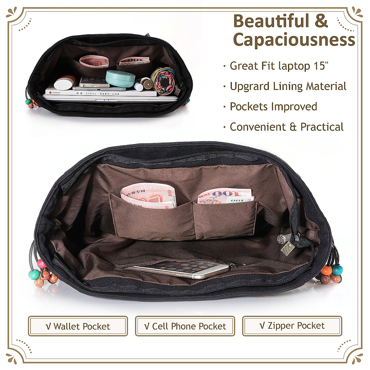 Embroidered Canvas Top Handle Handbag, Ladies Casual Vintage Shoulder Bag Fashion Tassels Handbag (Golden Flower)