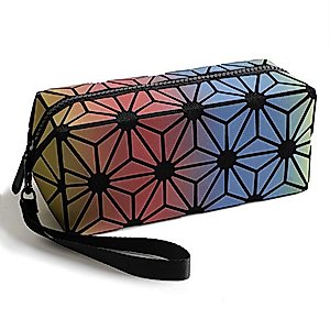 Luminous Pencil Bag Large Capacity Portable Pencil Pouch Geometric Pen Bag Pencil Case Zipper Stationery Bag with Wrist Strap