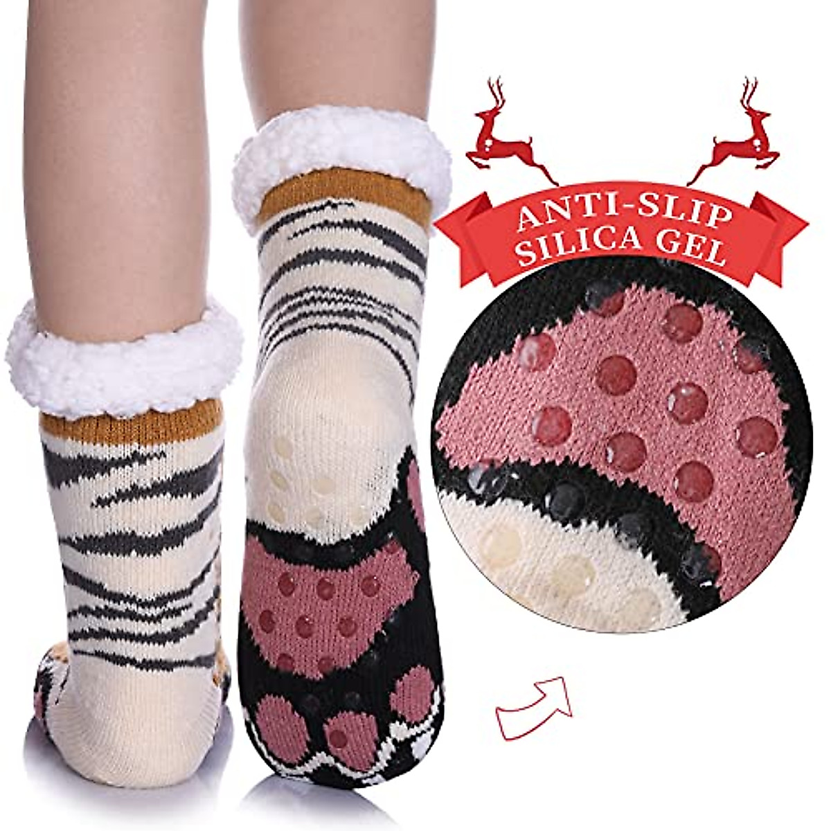 SDBING Kids Fuzzy Slipper Socks Boys Girls Soft Cozy Fluffy Grips Socks Winter Warm Non Slip Christmas Socks (4-7 Years, Tiger Paw)