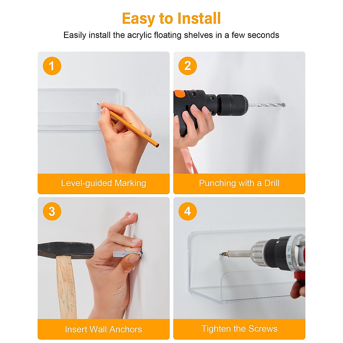 LUSCREAL 4 Pack Floating Shelves for Wall Storage, 15" Bathroom Wall Shelves, Acrylic Shelves for Room Wall Decor, Bedroom, Kitchen, Living Room, Clear