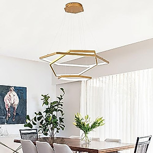 umeiluce 3 Lights Hexagon LED Chandeliers Brushed Gold Finish Chandelier Pendant Light Remote Dimmable Ceiling Hanging Light Fixture for Living Room Bedroom Dining Room