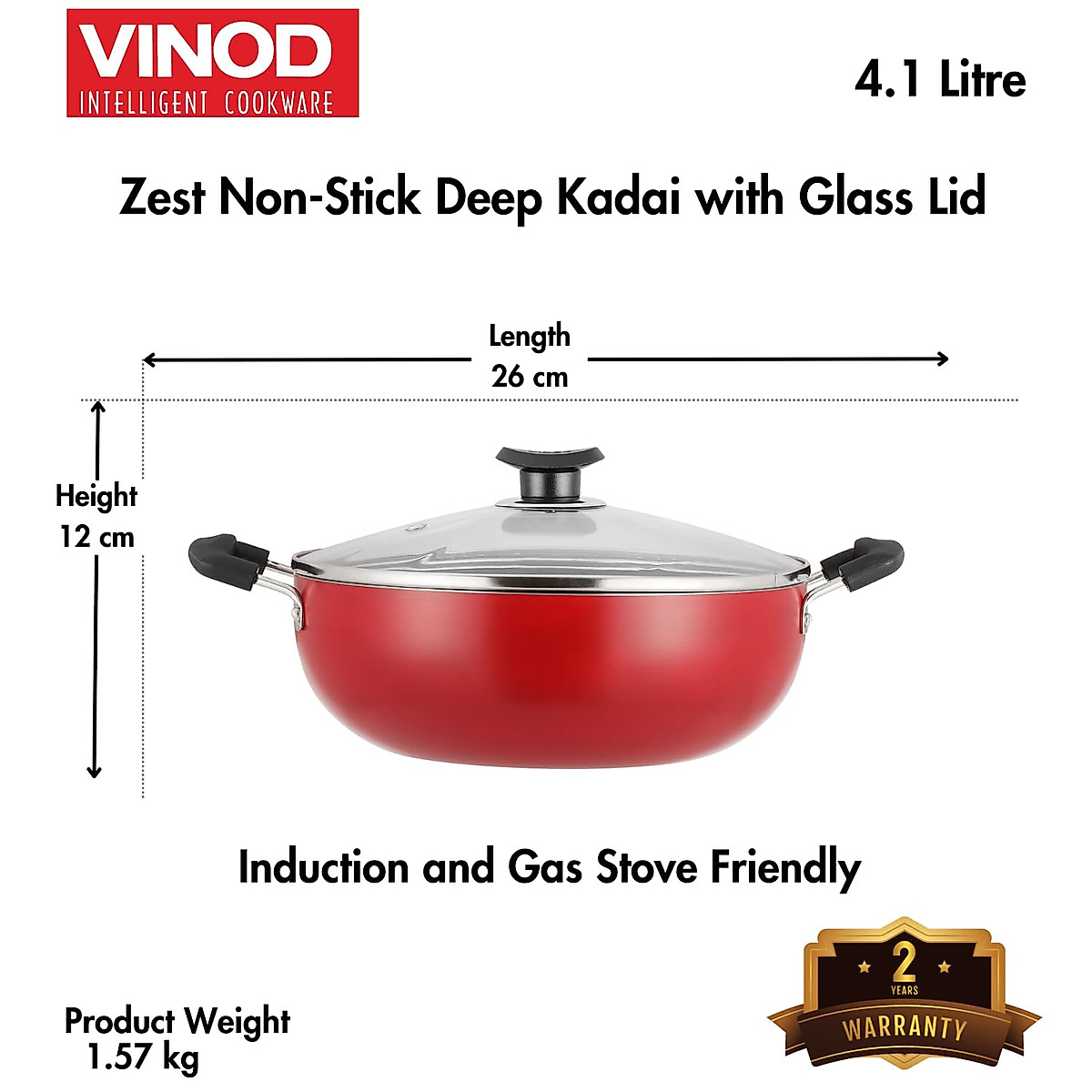 Vinod Cookware Zest Non-Stick Induction Friendly Deep Kadai With Lid Red/Black 4.1 Litres