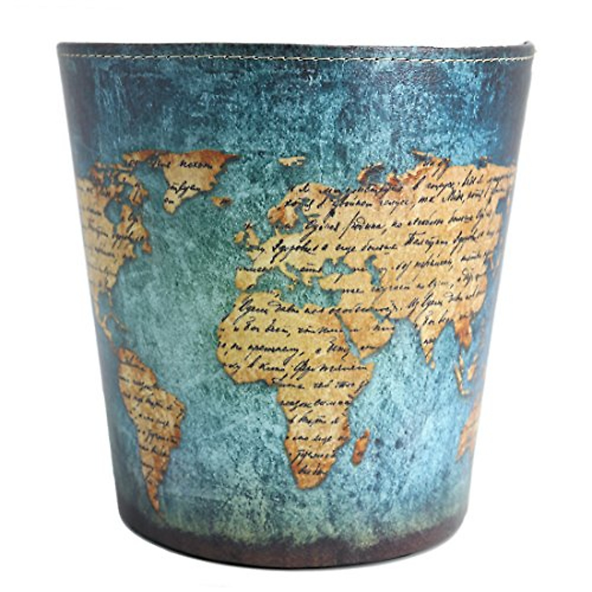 Scakbyer Wastebasket, Retro European Style Household Home Office Round PU Leather Waste Bin Paper Basket Trash Can Dustbin Garbage Bin Waste-Paper Basket Ashcan Ashbin Without Lid - World Map