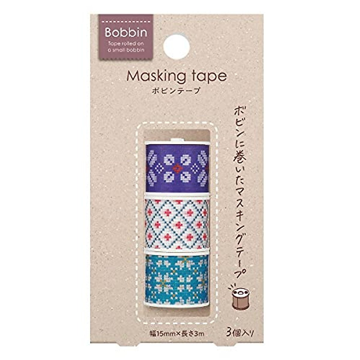 KOKUYO Bobbin Washi Tape Set, 3 Pack, Mini Masking Tape, Knit Pattern, 0.6" Wide, 9.8ft Long, Space-Saving Design, for Journals, Planners, DIY Crafts, Japan Import (T-B1115-10-3S)