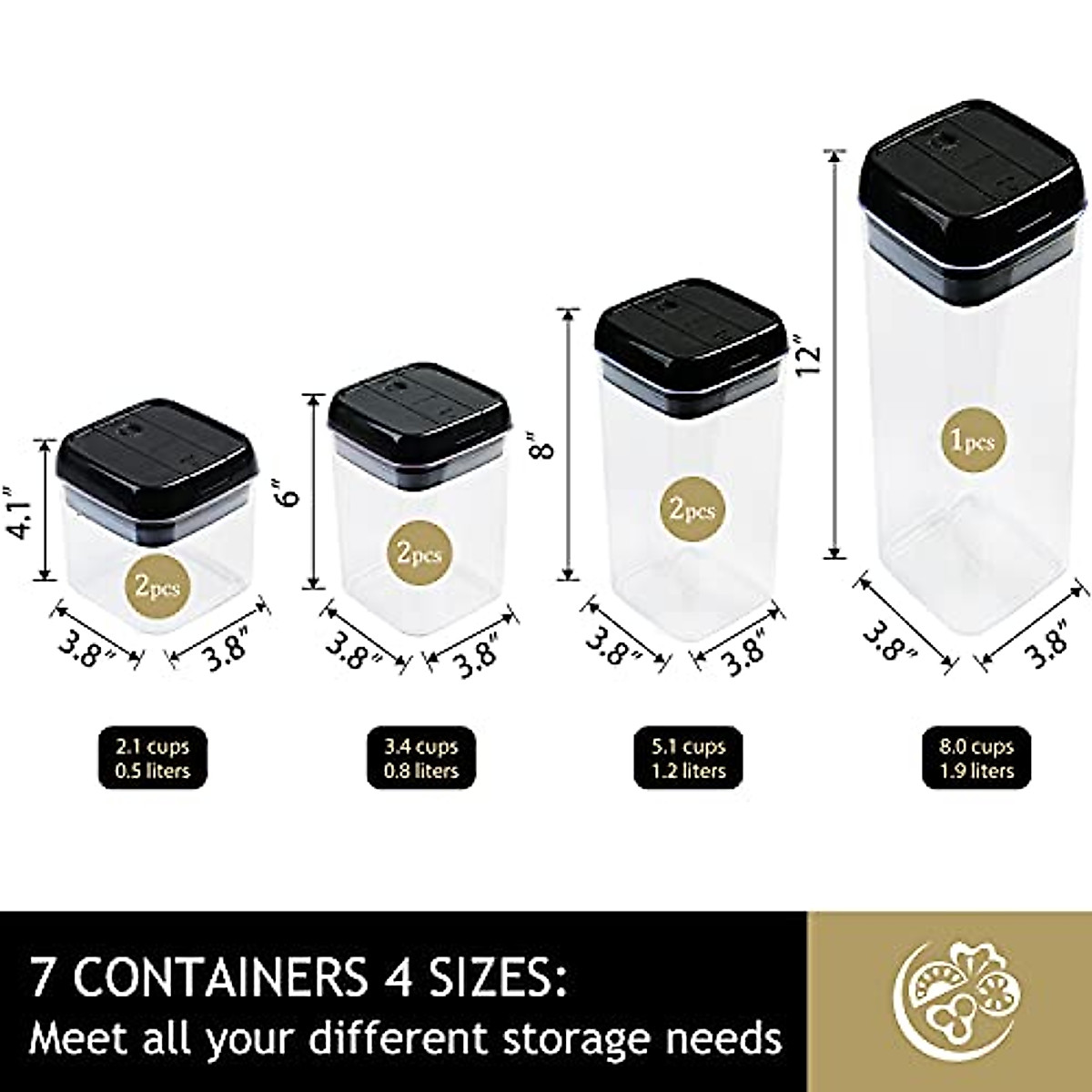 OMNISAFE Airtight Food Storage Container Set, 7Pcs Kitchen Organization Containers, BPA Free Clear Plastic Canisters for Cereal, Sugar & Dry Food with Easy Lock Lid, Include 9 Labels, Square Black