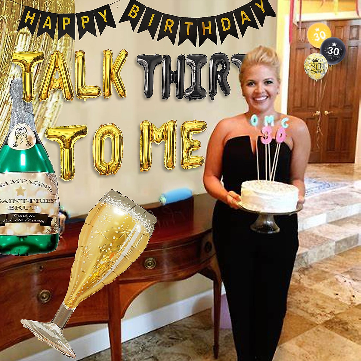 LaVenty 47PCS Black Gold Talk 30 to Me Balloons Talk 30 to Me Birthday Decoration Talk Thirty To Me Backdrop Banner 30th Birthday Decoration Dirty 30 Birthday Decoration