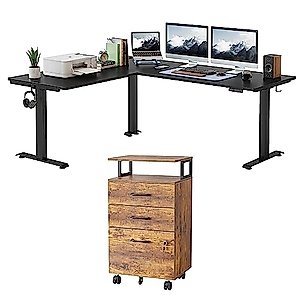 FEZIBO 75 Inch L Shaped Standing Desk with File Cabinet, Rustic Brown