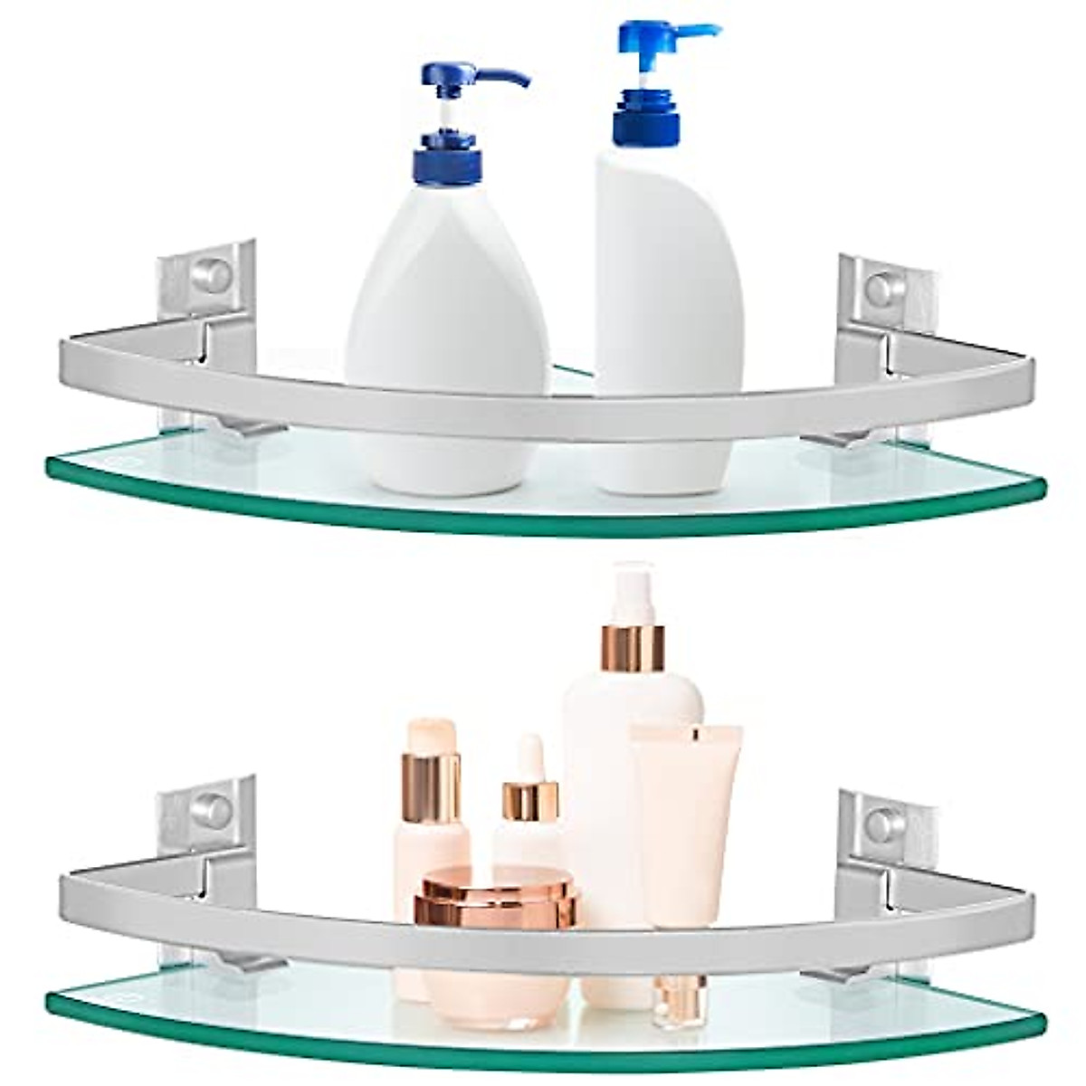 Sanbege 2 Pcs Tempered Glass Corner Shelf with Rail & Brackets, 9.5" x 9.5" Floating Shower Caddy, Wall Mounted Shampoo Holder Organizer for Bathroom, Kitchen, Living Room