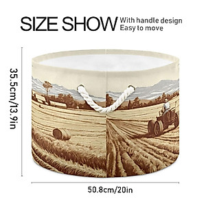 Msyxl Large Blanket Basket 20"x20"x14" with Cotton Rope Handles - Waterproof Lining Toy & Blanket Storage for Living Room, Collapsible Farmer with Bales Laundry Storage Basket