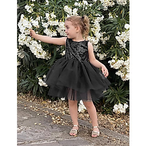 AGQT Toddler Girls Dresses Flower Girl Dress Sequins Tutu Dress Kids Sleeveless Tulle Princess Birthday Dresses Formal Party Gowns Dress Black Size 2-3 Years(110)