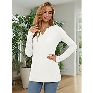 AUSELILY Women Casual Long Sleeve Waffle Knit Solid Color V-Neck Shirt Tunic White M