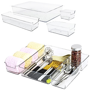 Homzing 4PCS Clear Kitchen Drawer Organizer Set, Silverware Drawer Organizer, Non-Slip Drawer Organizer Trays Dividers for Kitchen Utensils, Bathroom, Bedroom, Office, Makeup Storage