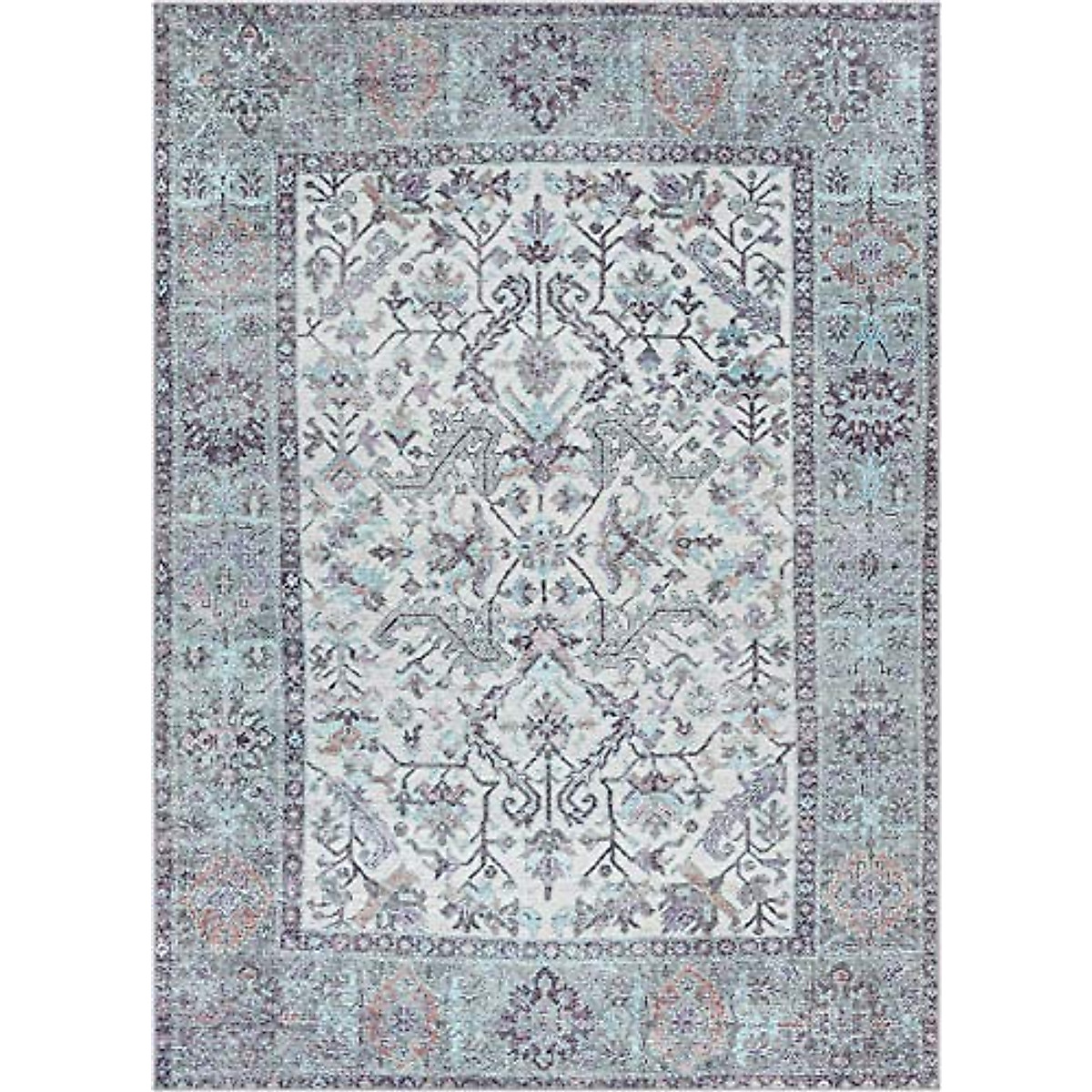 Well Woven Macon Ivory Machine Washable Vintage Style Updated Classic Distsressed Persian Area Rug (5'3" x 7'3")