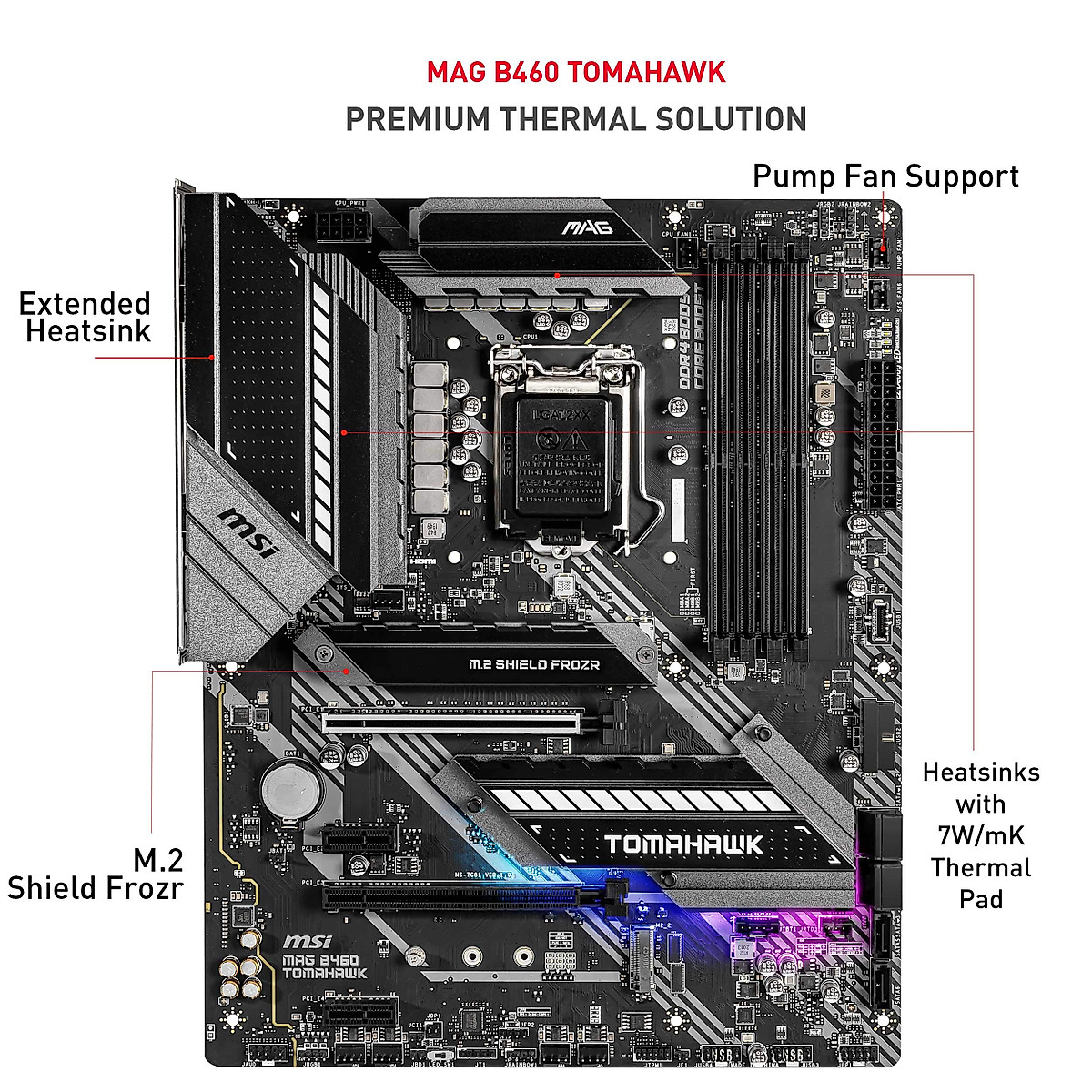 MSI MAG B460 Tomahawk Gaming Motherboard (ATX, 10th Gen Intel Core, LGA 1200 Socket, DDR4, CFX, Dual M.2 Slots, USB 3.2 Gen 2, 2.5G LAN, DP/HDMI, Mystic Light RGB)