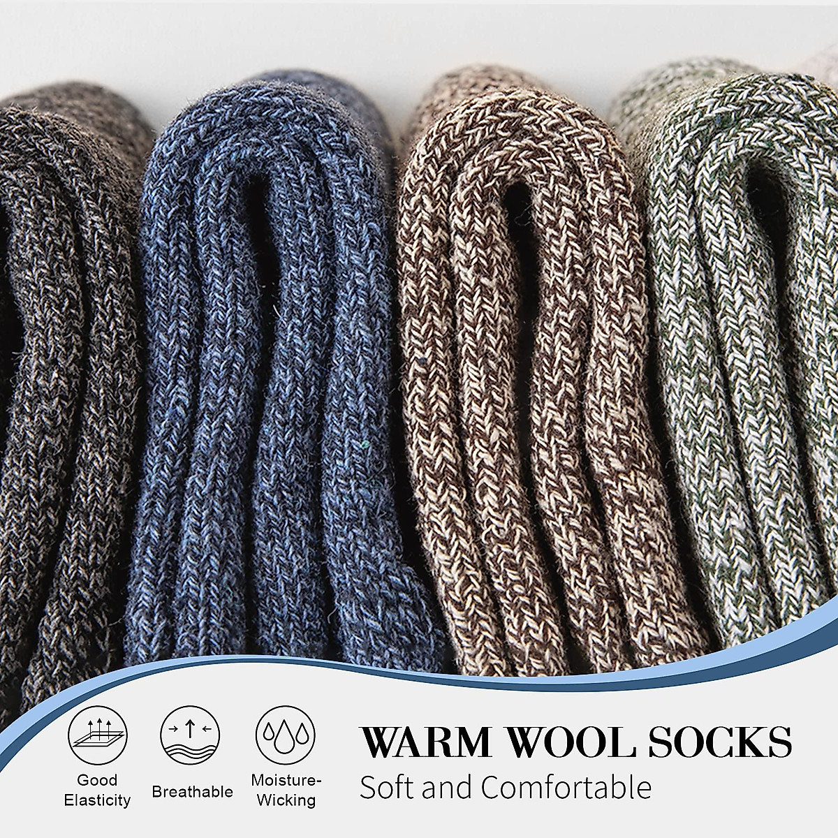 5 Pairs Wool Socks Mens, Warm Winter Socks, Soft Wool Hiking Socks, Casual Crew Socks for Men