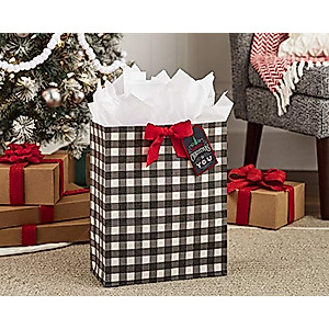 Hallmark 15" Extra Large Christmas Gift Bag with Tissue Paper (Black and White Buffalo Plaid with Red Bow)
