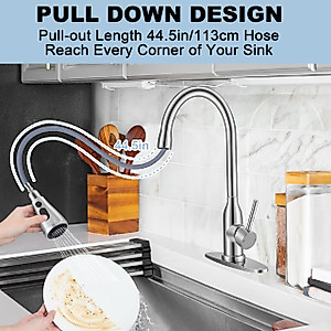 Homikit Kitchen Sink Faucet Brushed Nickel with Pull Down Sprayer, 304 Stainless Steel Kitchen Faucets with Deck Plate for 1 or 3 Hole, High Arc Commercial Faucet for Farmhouse Laundry Utility Rv Bar