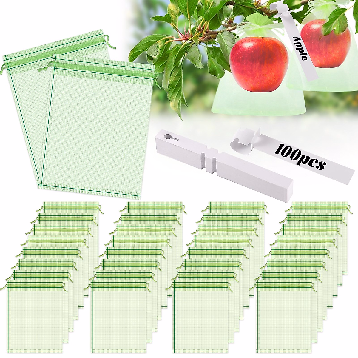 Gushu 100pcs Fruit Protection Bags, 6 x 8 Inch Green Fruit Netting Cover Bags with 100pcs Plant Label Drawstring Mesh Fruit Protectors Pest Barrier for Plant Fruit Vegetable Veggies Garden
