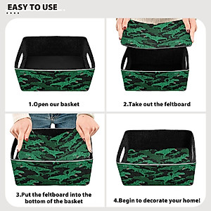 Emelivor Green Dinosaur Storage Basket Bins Set (2pcs) Felt Collapsible Storage Bins with Handles Foldable Shelf Drawers Organizers Bins for Nursery Toys,Kids Room,Clothes,Towels,Magazine