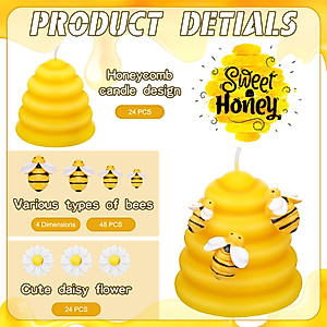 Amyhill 96 Pcs Beeswax Baby Shower Candles Set Includes 24 Pcs Beehive Votive Candles, 48 Pcs Little Resin Fake Bees, 24 Pcs White Daisy Flower Bee Themed Gift for Home Shower Party Favors Decor