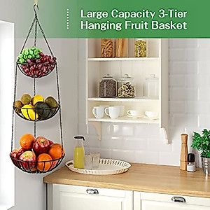 3-Tier Hanging Fruits Basket Metal: Heavy Duty Wire Vegetable Round Storage Basket with Ceiling Hooks Chain, Fruteros Para Cocin Storage Organizer for Kitchen Garden, Black