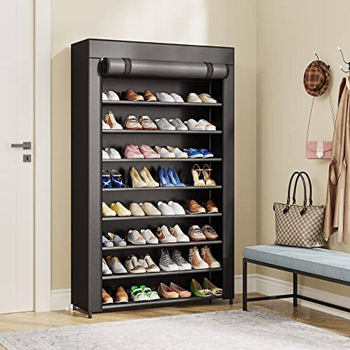 Tribesigns Shoe Rack,9 Tier Shoes Storage Rack Organizer with Nonwoven Fabric Cover,Shoe Storage Shelf for 40-50 Pairs of Shoes,Black Tall Shoes Racks (Black)
