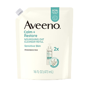 Aveeno Calm + Restore Nourishing Oat Facial Cleanser for Sensitive Skin, Gentle Face Wash with Nourishing Oat & Calming Feverfew, Hypoallergenic, Fragrance-Free, Refill Pouch, 16 fl. oz