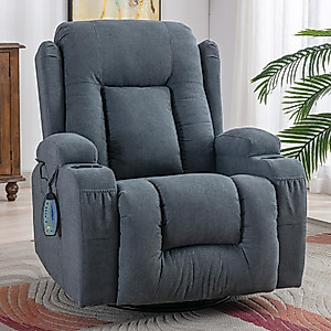 IPKIG Recliner Chair, Massage Swivel Rocker Recliner Chairs with Vibration Massage and Heat, Rocking Function, Side Pocket, 2 Cup Holders, Lumbar Pillow, Ergonomic Lounge Chair for Living Room (Blue)