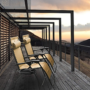 iMounTEK Set of 2 Adjustable Zero-Gravity Reclining Outdoor Lounge Chairs w/Pillows & Cup Holder Side Tray, Supports 330lbs, for Patio, Porch, Deck, Poolside, Beach, Lawn, Yard - Black/Blue/Brown/Tan