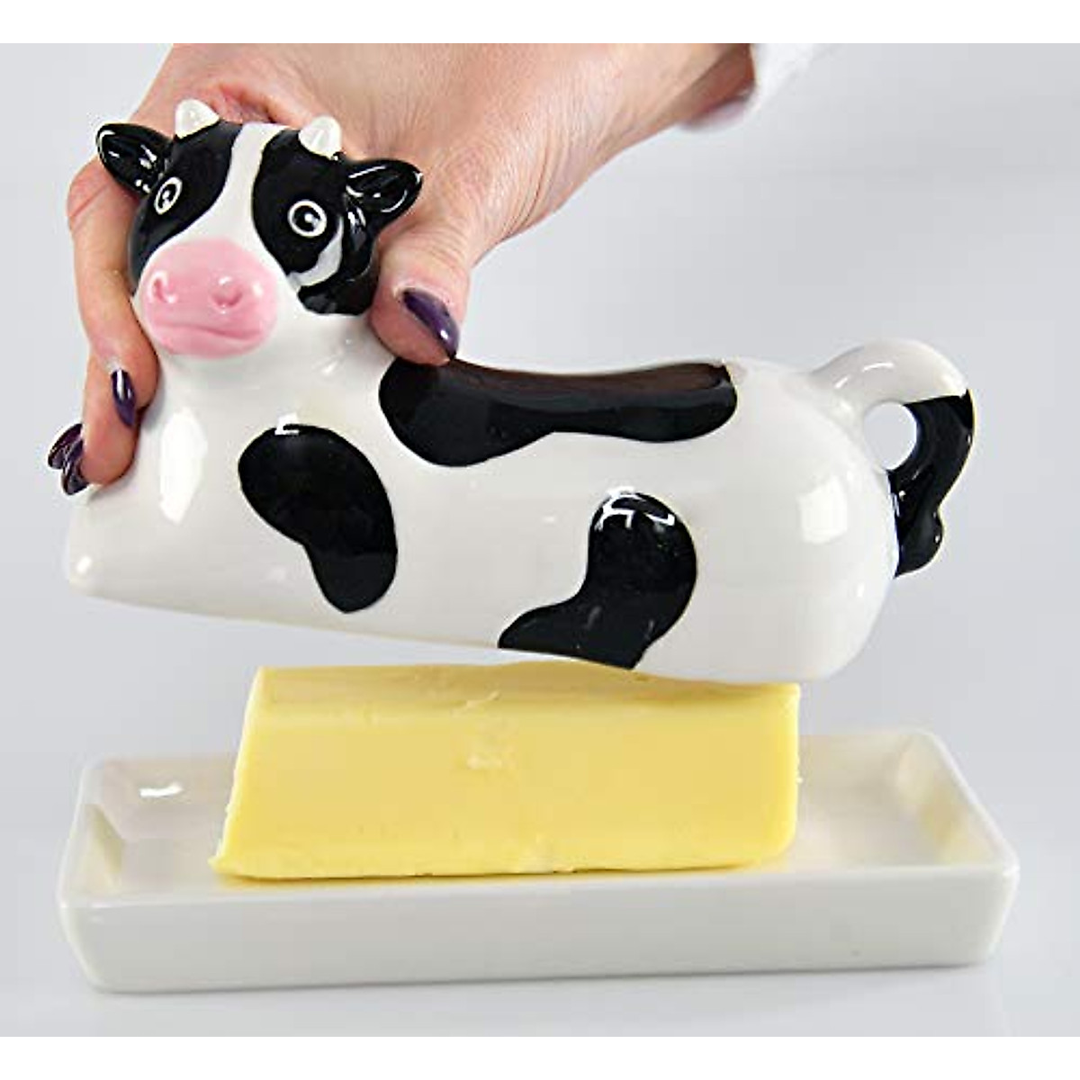 HOME-X Black and White Cow Butter Dish, Butter Dish with Cover, Farmhouse Dish for Stick of Butter Stick, Dish with Lid, 6 ¾”L x 3 ¼” W x 3 ½”H, Black/White