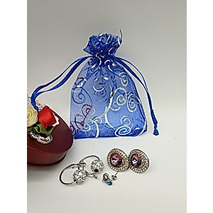 Ankirol 100pcs Sheer Organza Favor Bags For Wedding Baby Shower Rattan Print Gift Bags Samples Display Drawstring Pouches (3x4 inch, blue)