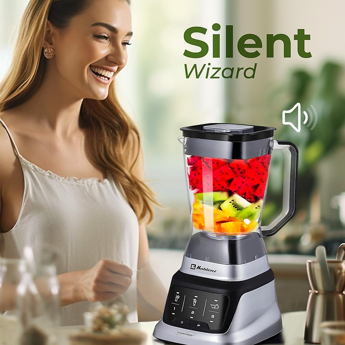 Koblenz Professional Blender, Countertop Blender for Shakes and Smoothies with 3 Speeds, 1200-W Motor, 68 Oz. Capacity, Super Silent Operation, Includes Tamper Accessory, Black/Chrome, LKM-9406