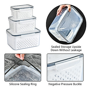 Lizbin 3 PCS Fruit Storage Containers for Fridge with Removable Colander, Leak proof Food Storage Containers, Airtight Food Storage Containers, Food Storage Containers with Lids, Keep Food Meat Fresh