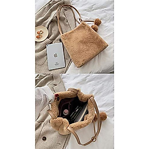 Ulisty Women Autumn Winter Small Faux Fur Shoulder Bag Fluffy Bucket Bag Plush Handbag khaki