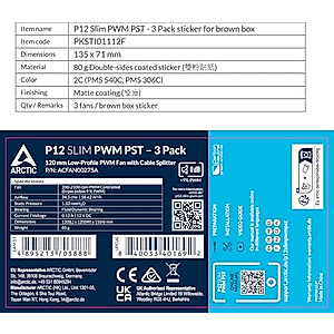 ARCTIC P12 Slim PWM PST (3 Pack) - PC Fans, 120mm Case Fan with PWM Sharing Technology (PST), Pressure-optimised, Quiet Motor, Computer, Extra Slim, 300–2100 RPM - Black