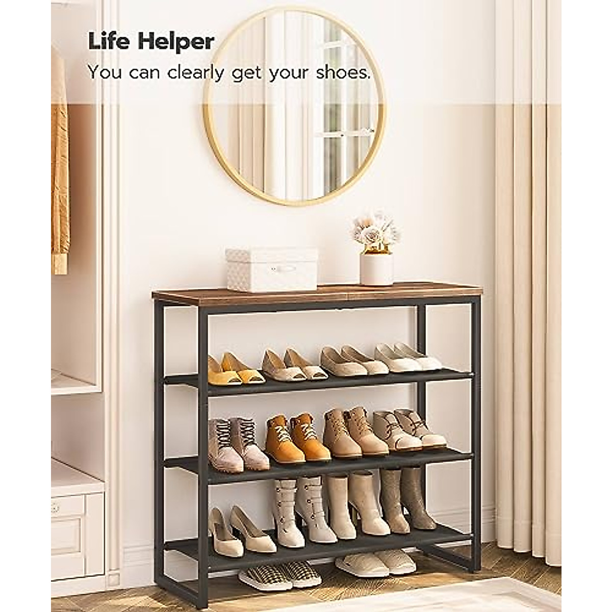 HOOBRO Shoe Rack, 4 Tier Shoe Storage Organizer, Shoe Shelf with 3 Oxford Fabric Shelves and Top Panel, Holds 12-16 Pairs of Shoes, for Entryway, Closet, Steel Frame, Industrial, Rustic Brown BF47XJ01G1